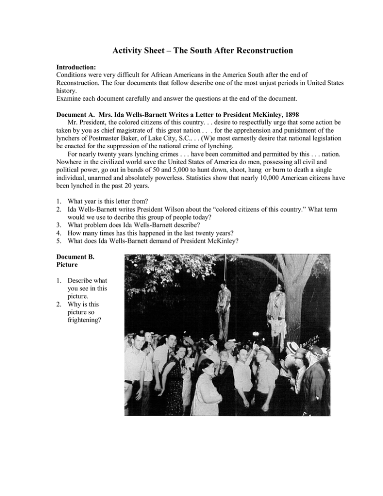 Activity Sheet – The South After Reconstruction