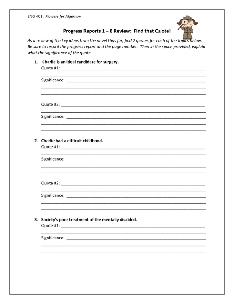 Flowers for Algernon Quote Analysis Worksheet