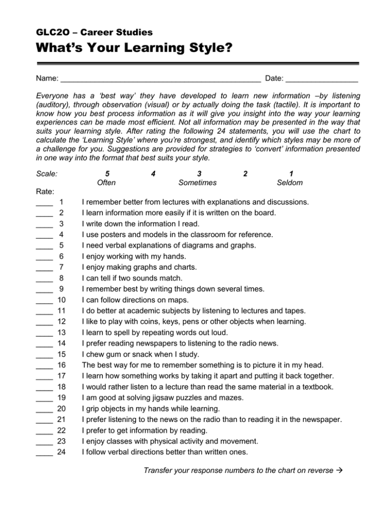 Learning Styles Assessment: Career Studies Worksheet