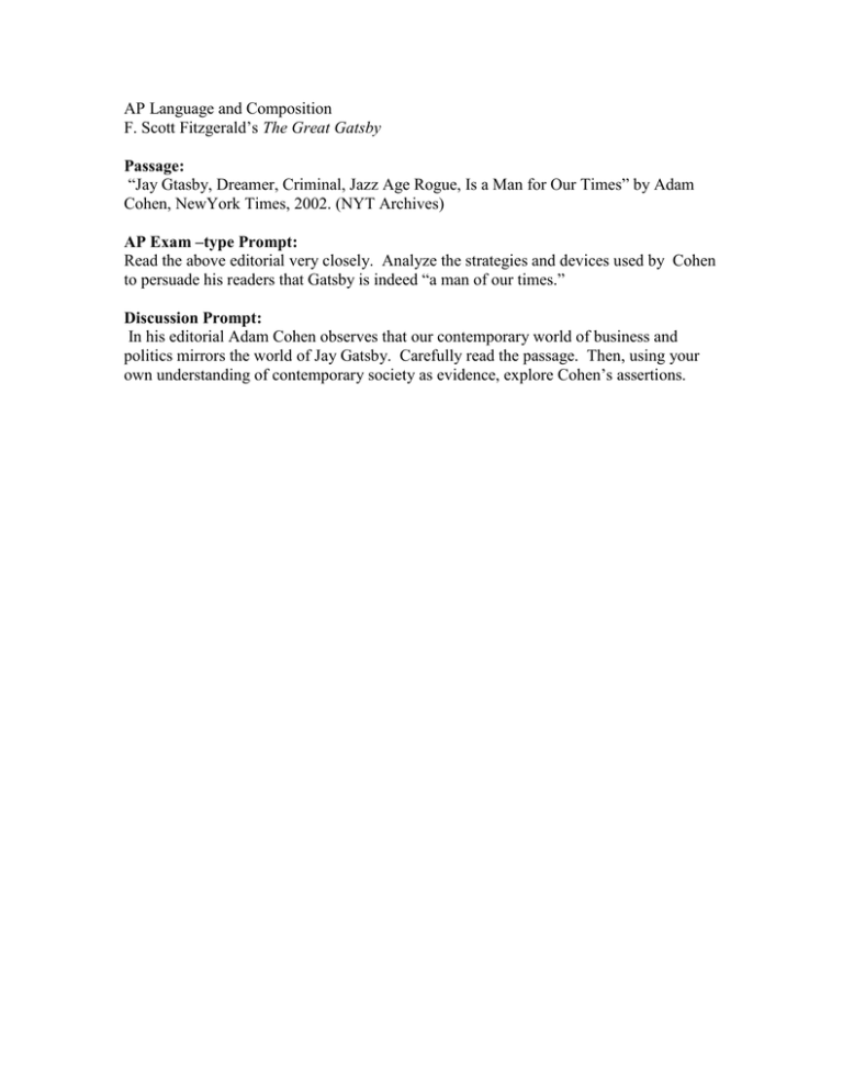 Gatsby & Contemporary Society: AP Language Analysis