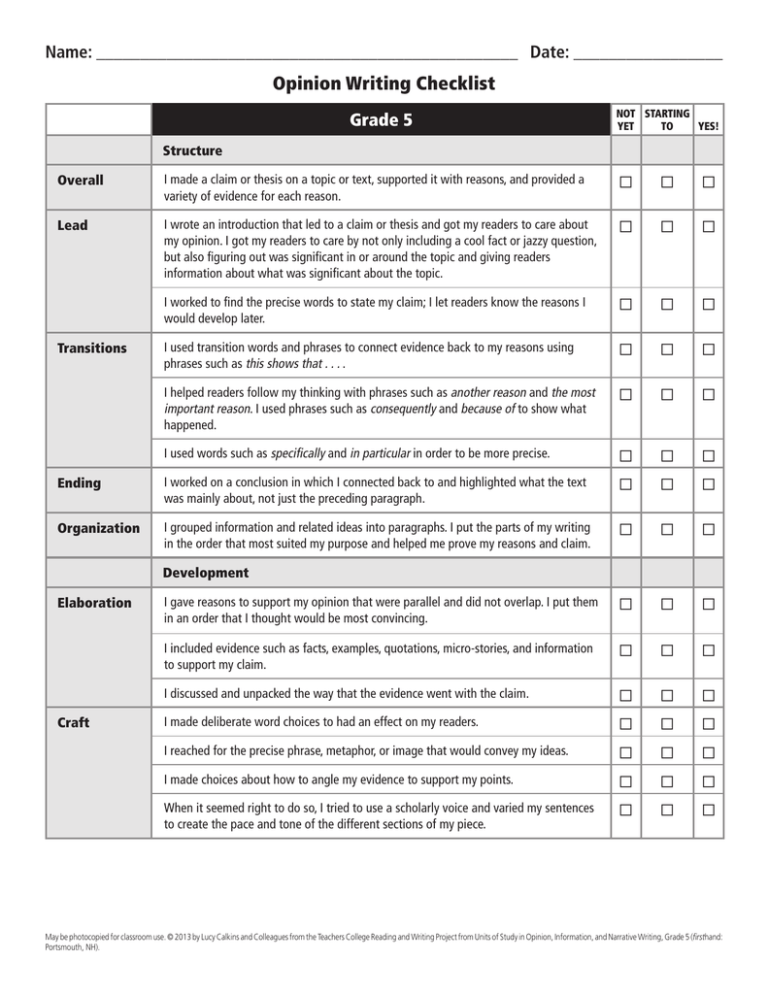Grade 5 Opinion Writing Checklist