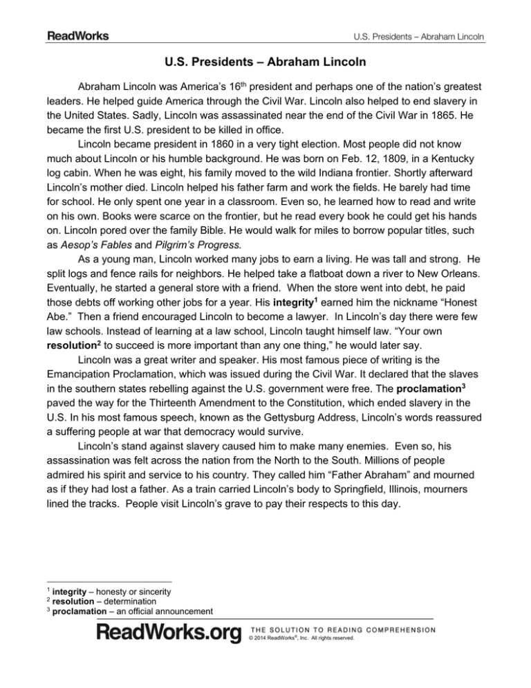 Abraham Lincoln Reading Comprehension Worksheet