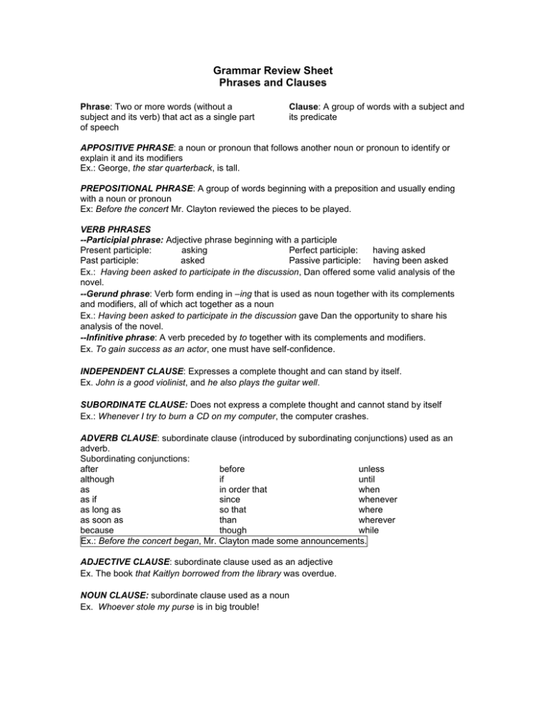Grammar Review: Phrases and Clauses