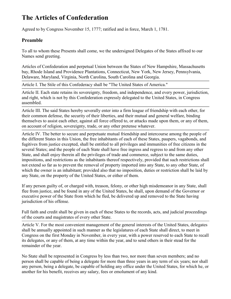 The Articles of Confederation Preamble