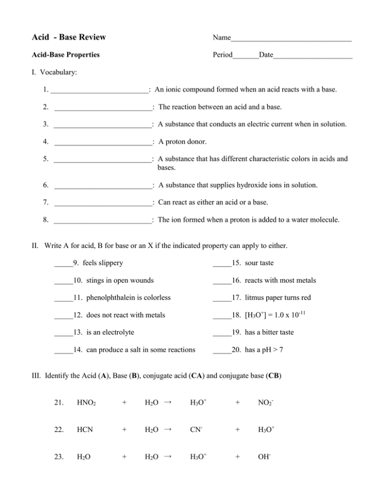 Acid-Base Chemistry Review Worksheet