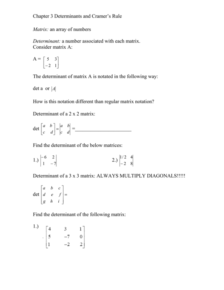 Chapter 3 Determinants and Cramer’s Rule Consider matrix A: A