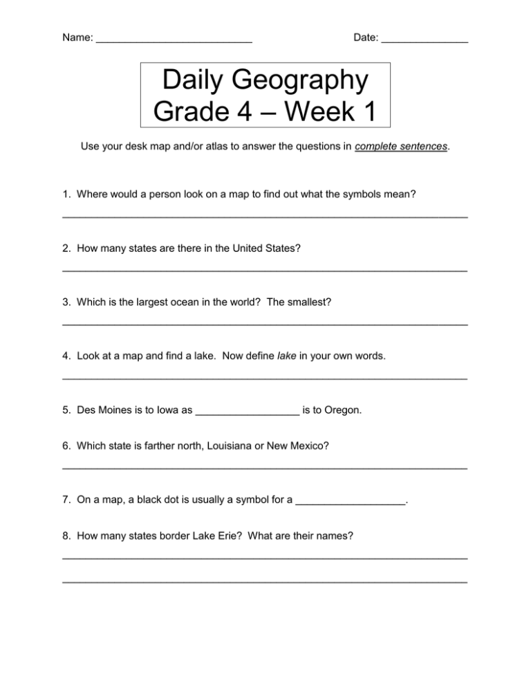 Daily Geography – Week 1 Grade 4