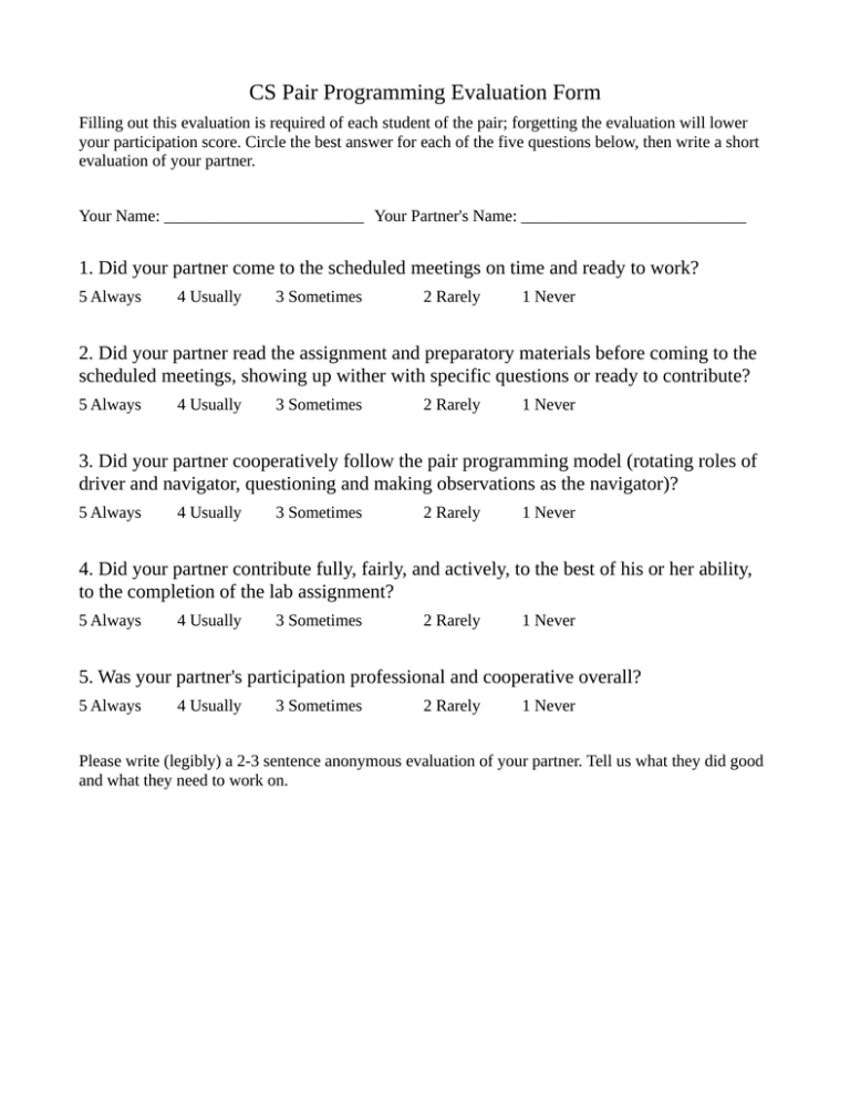 CS Pair Programming Evaluation Form