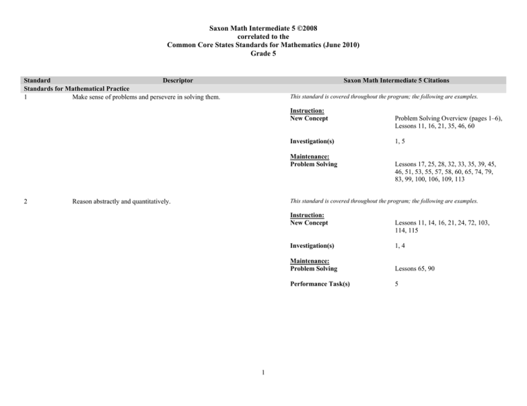 Saxon Math 5 & Common Core Standards Correlation