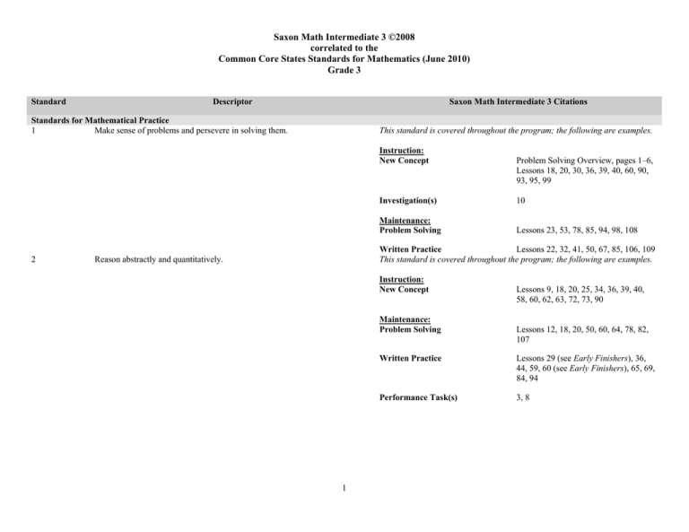 Saxon Math Intermediate 3 & Common Core Standards Correlation