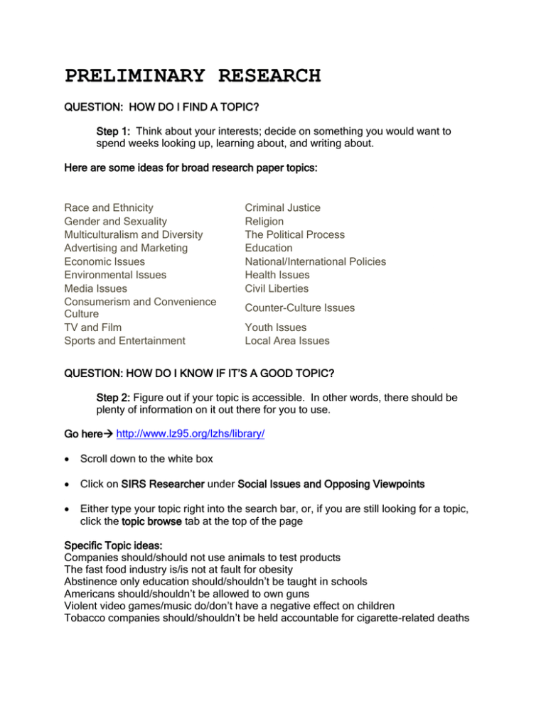 PRELIMINARY RESEARCH