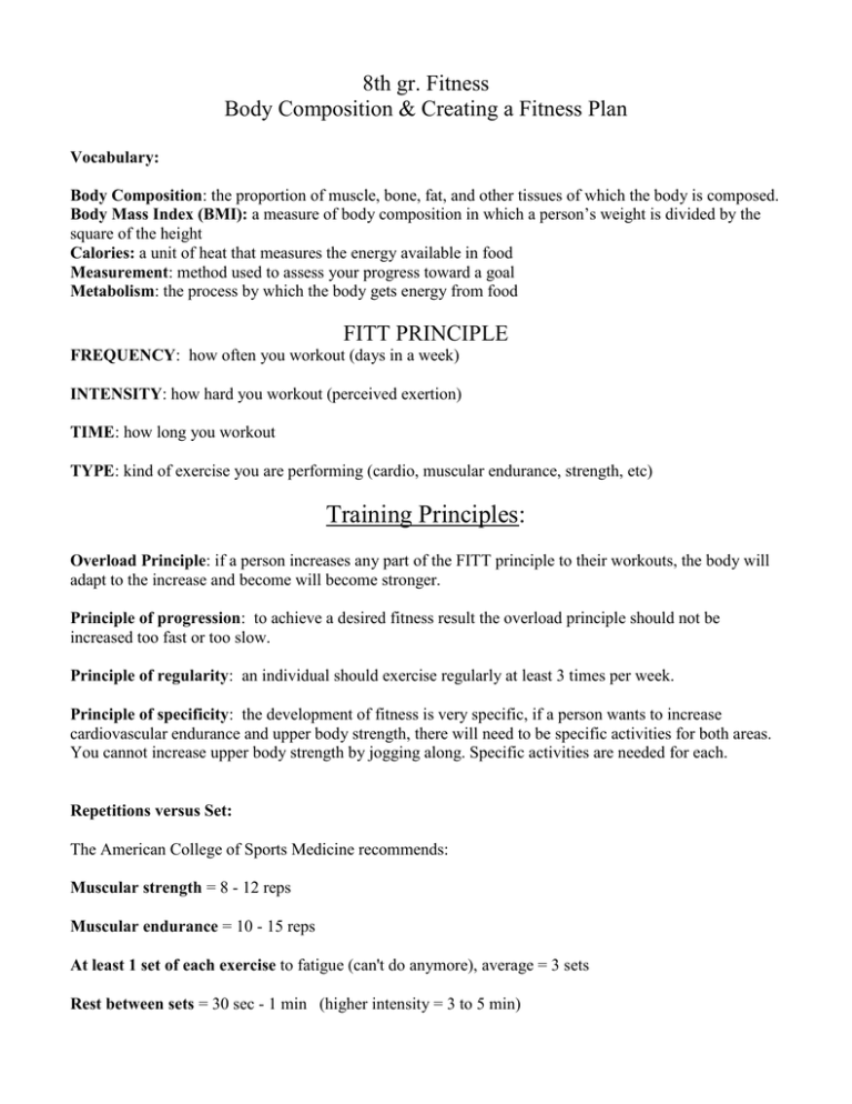 8th gr. Fitness Body Composition & Creating a Fitness Plan FITT PRINCIPLE