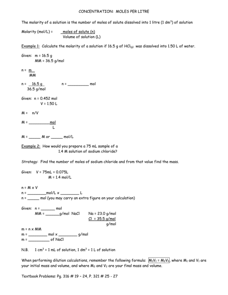 Molarity Calculations Worksheet: Chemistry Practice Problems