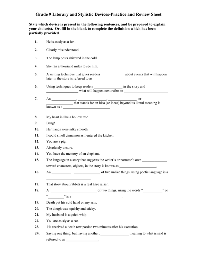 Grade 9 Literary Devices Practice & Review Sheet
