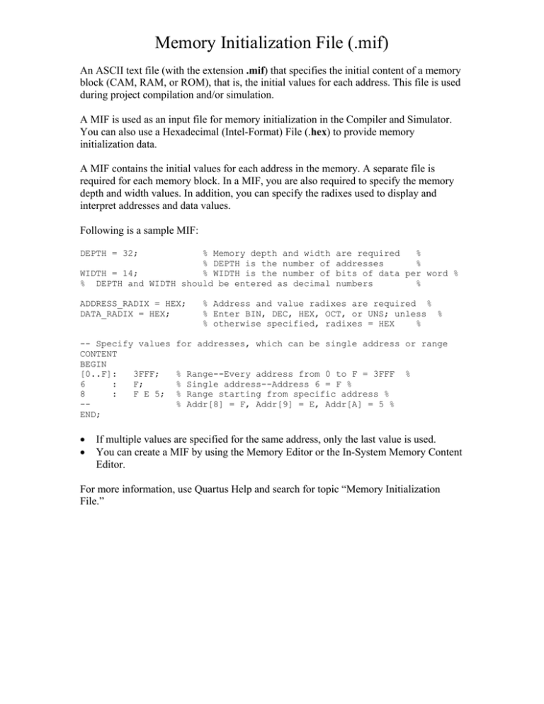 Memory Initialization File (.mif) Guide