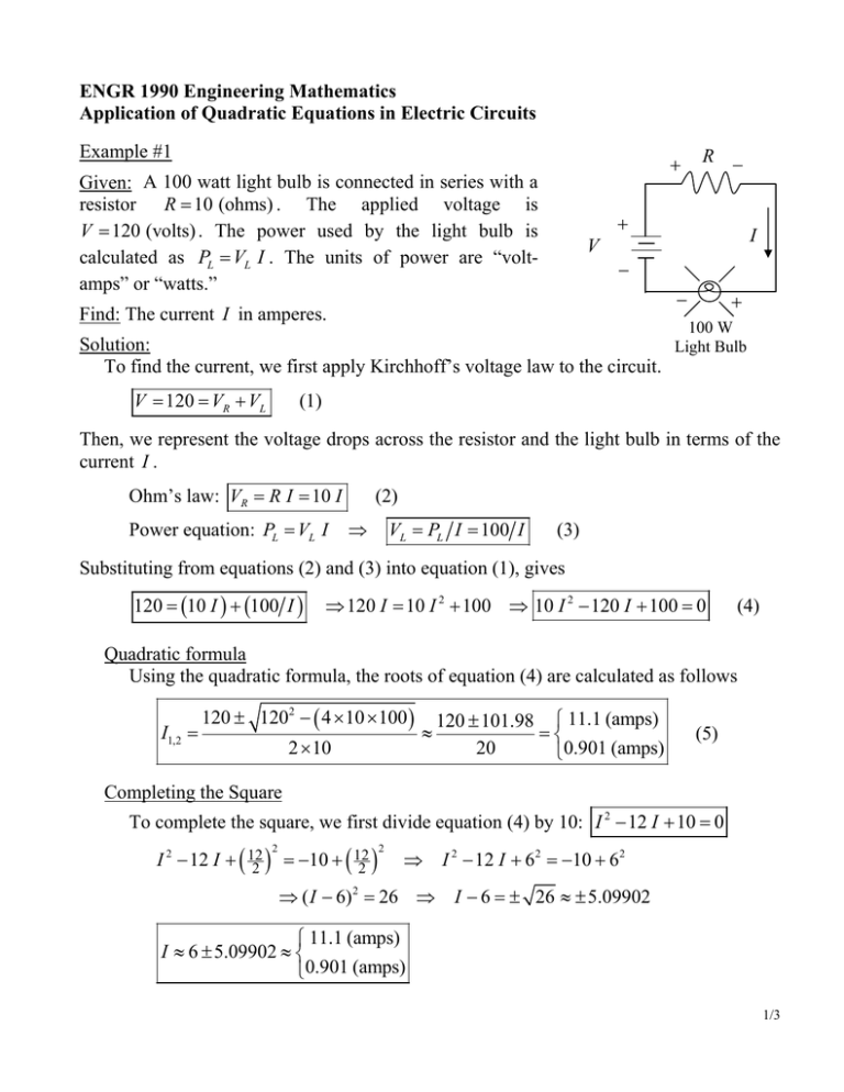 Quadratic Equations in Electric Circuits Example