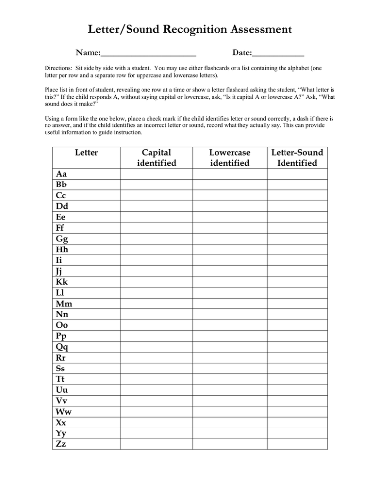 Letter/Sound Recognition Assessment for Early Literacy