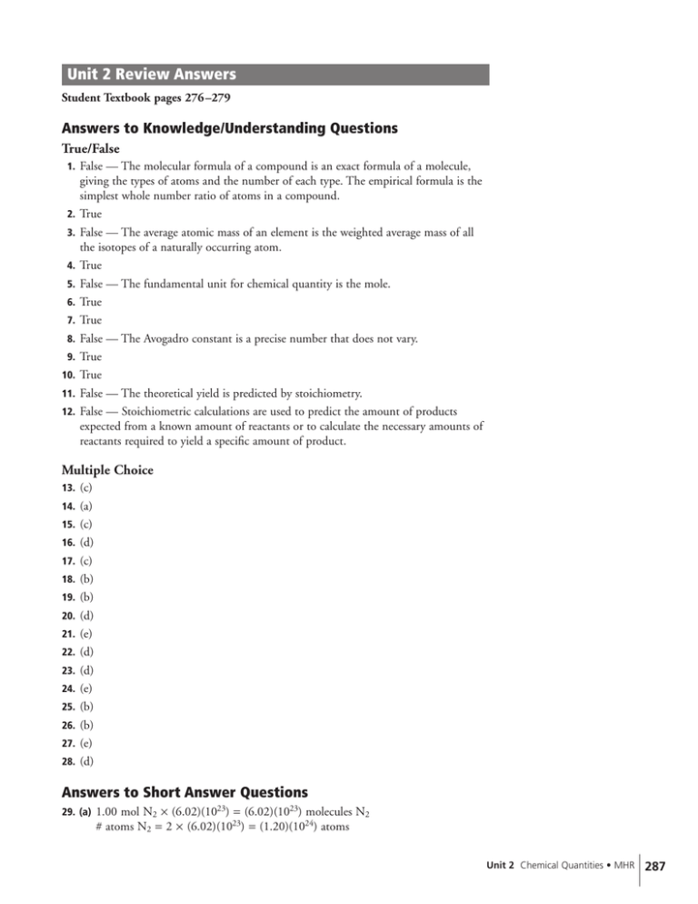 Unit 2 Chemistry Review Answers: Stoichiometry & Moles