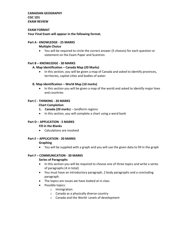 Canadian Geography Exam Review: CGC 1D1