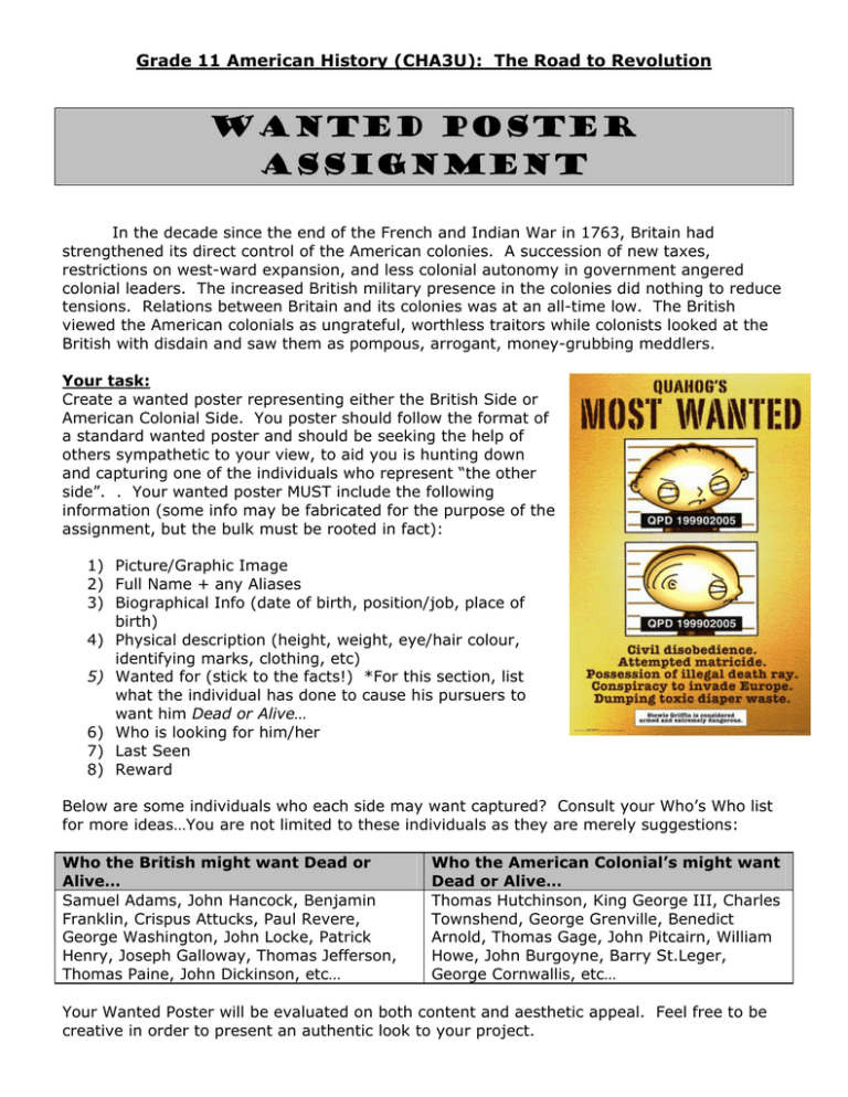 American Revolution Wanted Poster Assignment