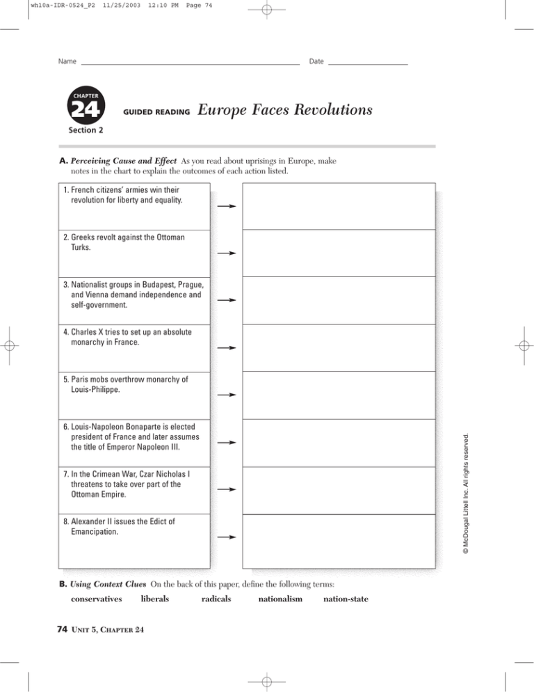 Europe Revolutions Guided Reading Worksheet