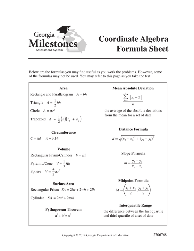 Coordinate Algebra Formula Sheet - Georgia Milestones