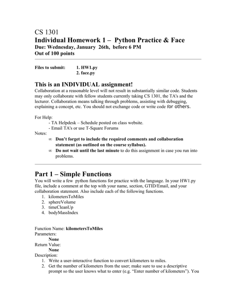 CS 1301 Individual Homework 1 – Python Practice & Face