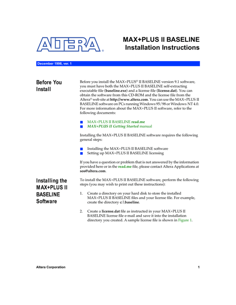 MAX+PLUS II BASELINE Installation Instructions Before You