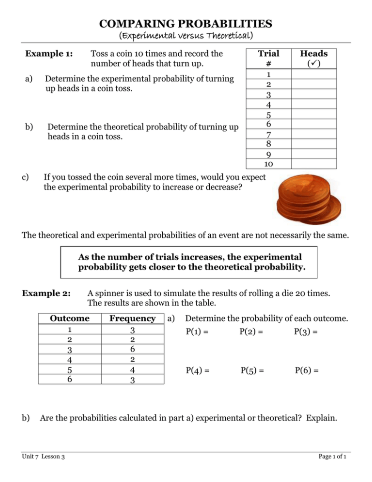 Experimental vs. Theoretical Probability Worksheet