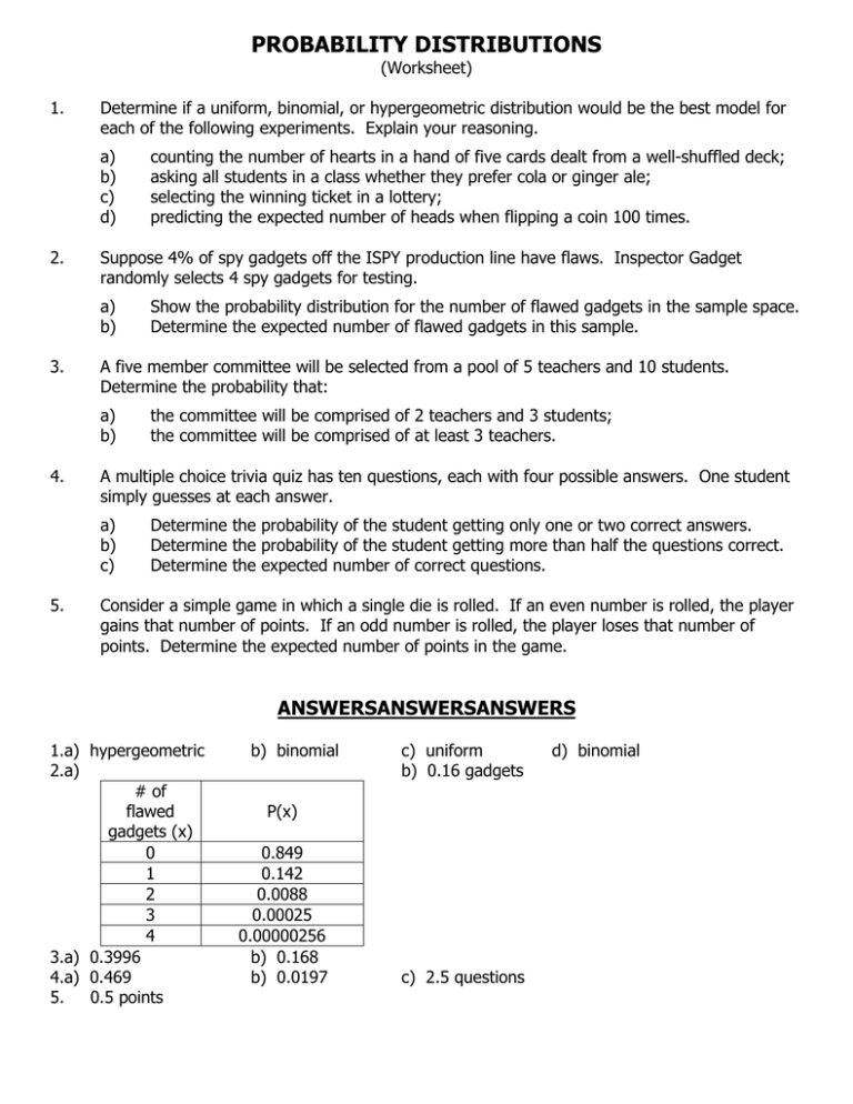 Probability Distributions Worksheet