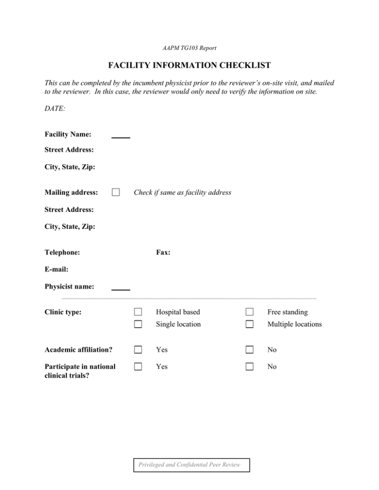 FACILITY INFORMATION CHECKLIST
