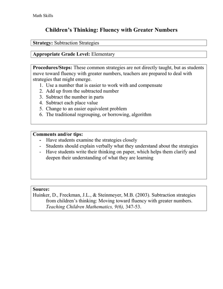 Children’s Thinking: Fluency with Greater Numbers