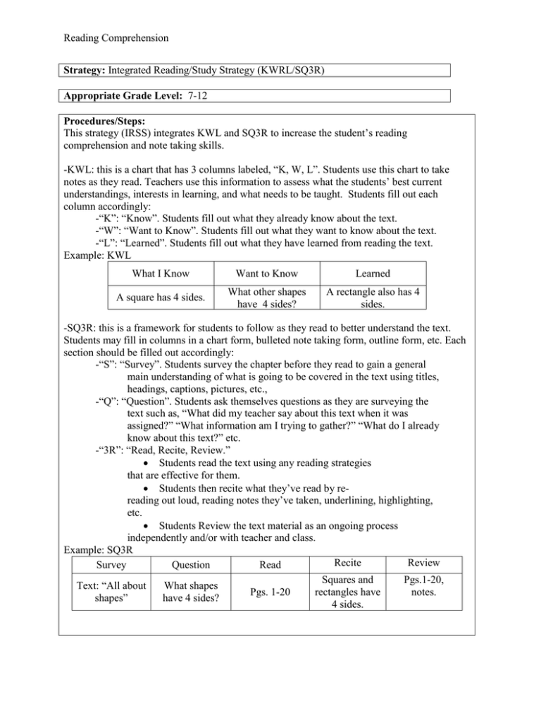Reading Comprehension comprehension and note taking skills.