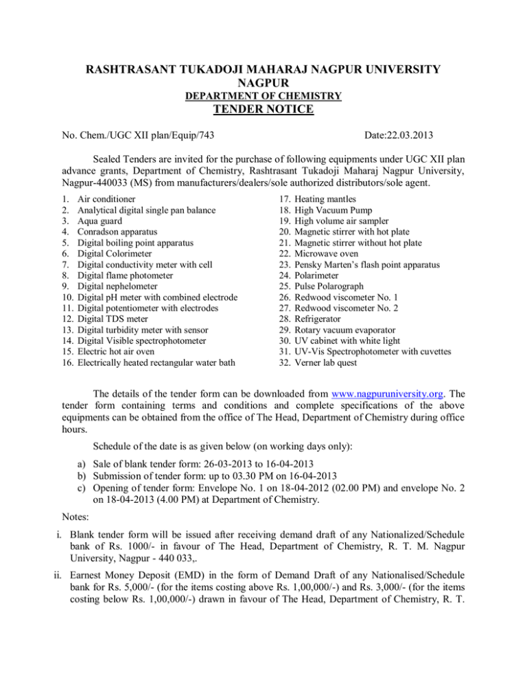 RASHTRASANT TUKADOJI MAHARAJ NAGPUR UNIVERSITY NAGPUR TENDER NOTICE