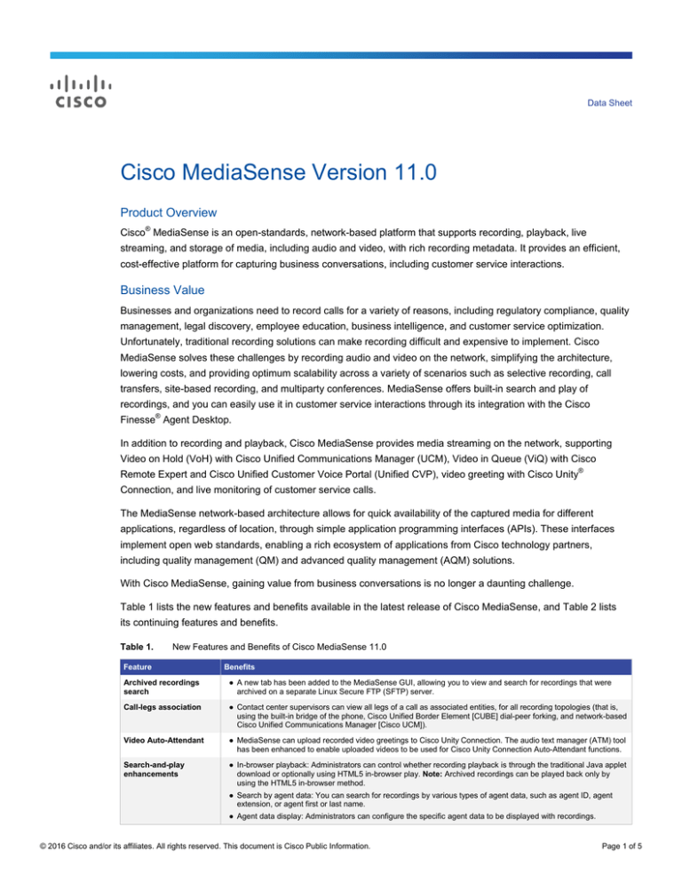 Cisco MediaSense 11.0 Data Sheet: Recording & Media Platform