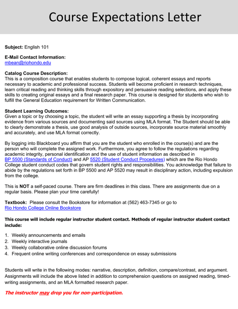 English 101 Course Expectations: Composition & Research