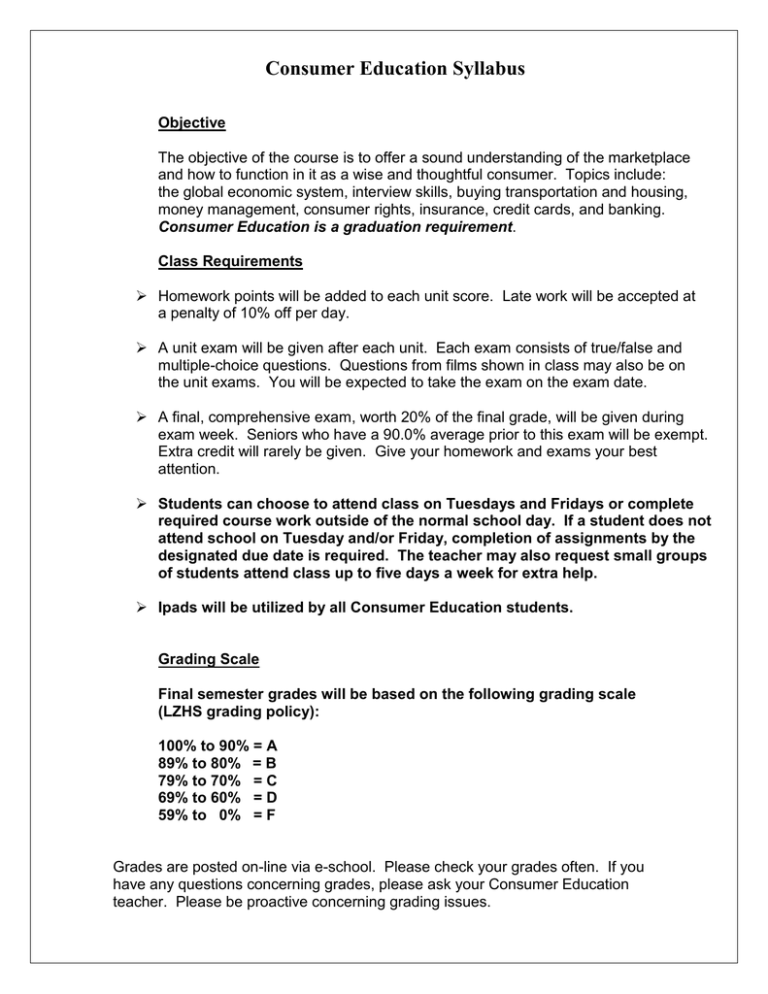 Consumer Education Syllabus - High School Economics