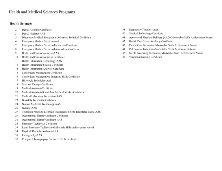 Health and Medical Sciences Programs Health Sciences