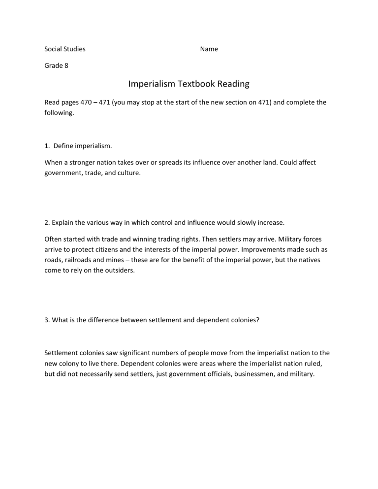 Imperialism Textbook Reading