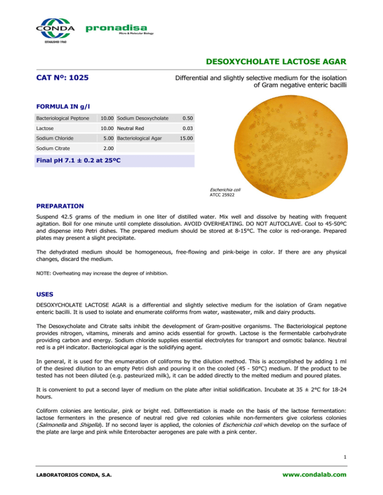DESOXYCHOLATE LACTOSE AGAR CAT Nº: 1025