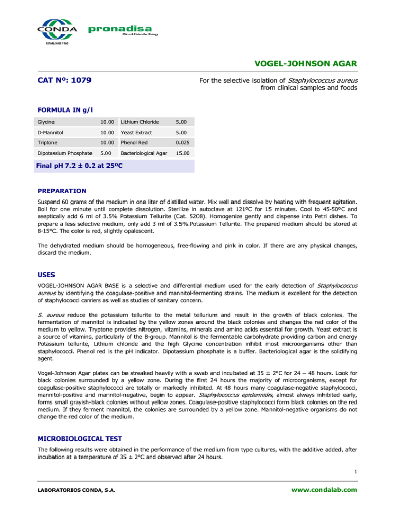 VOGEL-JOHNSON AGAR CAT Nº: 1079 Staphylococcus aureus