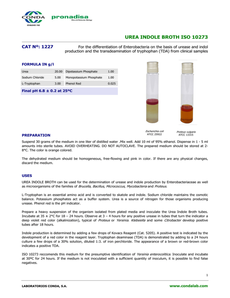 Urea Indole Broth ISO 10273: Product Information