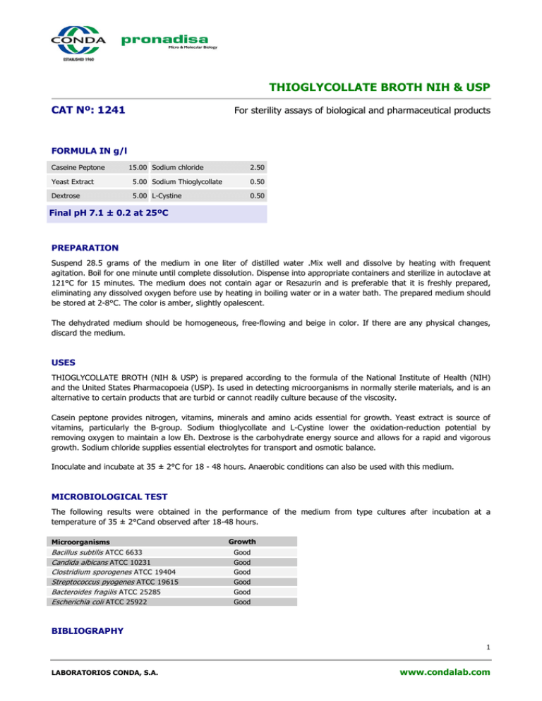 THIOGLYCOLLATE BROTH NIH & USP CAT Nº: 1241