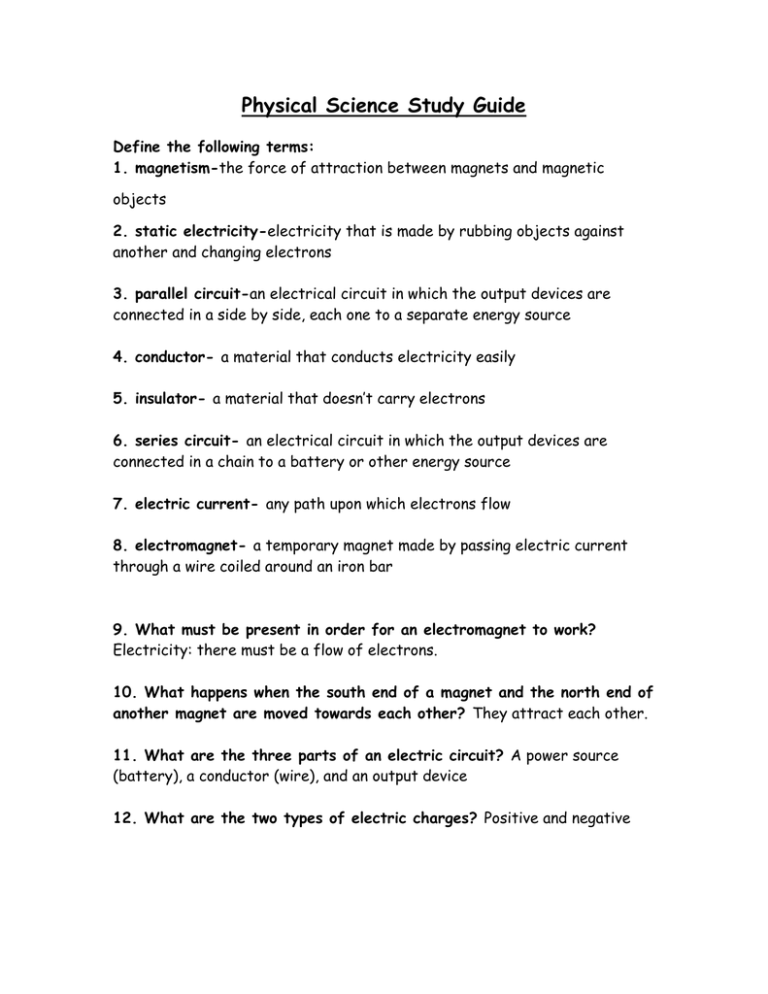 Physical Science Study Guide: Electricity & Magnetism