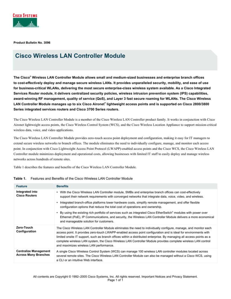 Cisco Wireless LAN Controller Module
