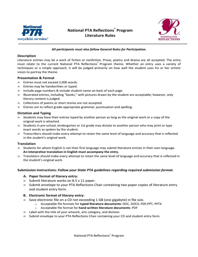 National PTA Reflections Program Literature Rules