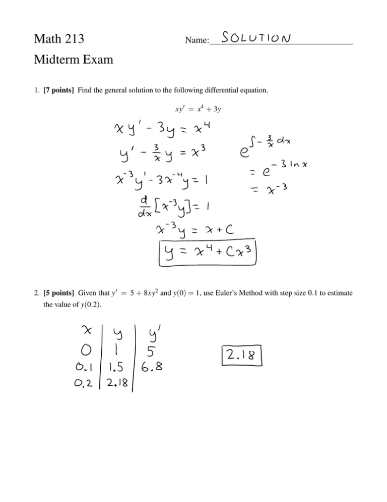 Math 213 Midterm Exam: Differential Equations & Linear Algebra