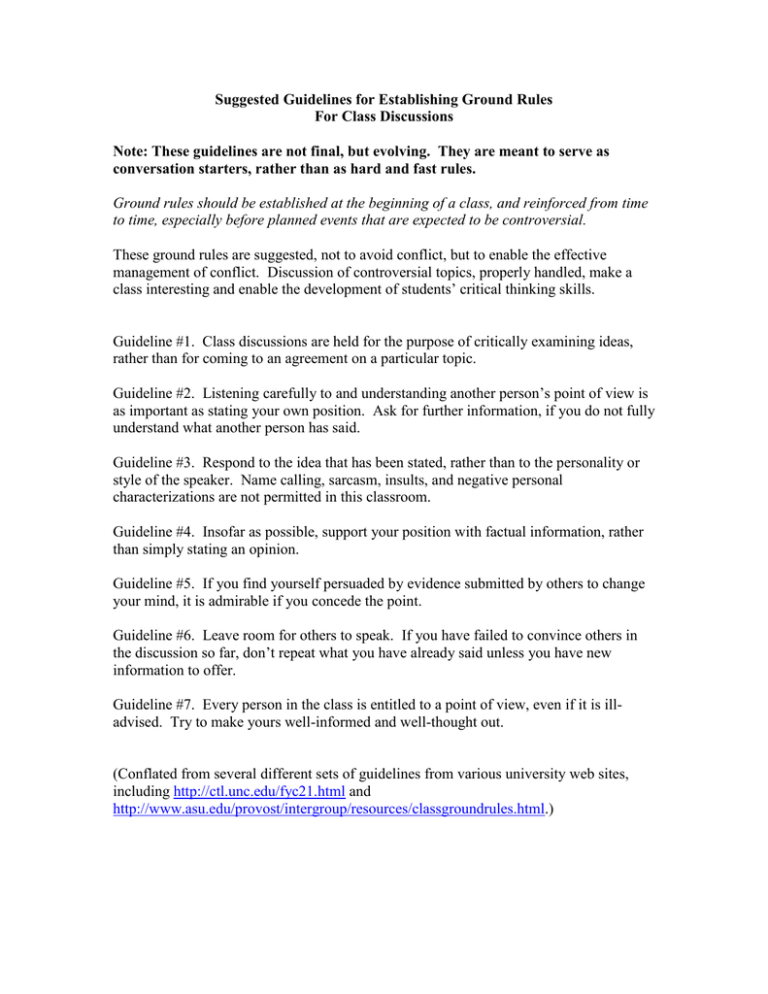 Suggested Guidelines for Establishing Ground Rules For Class Discussions