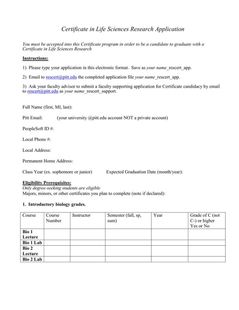 Certificate in Life Sciences Research Application