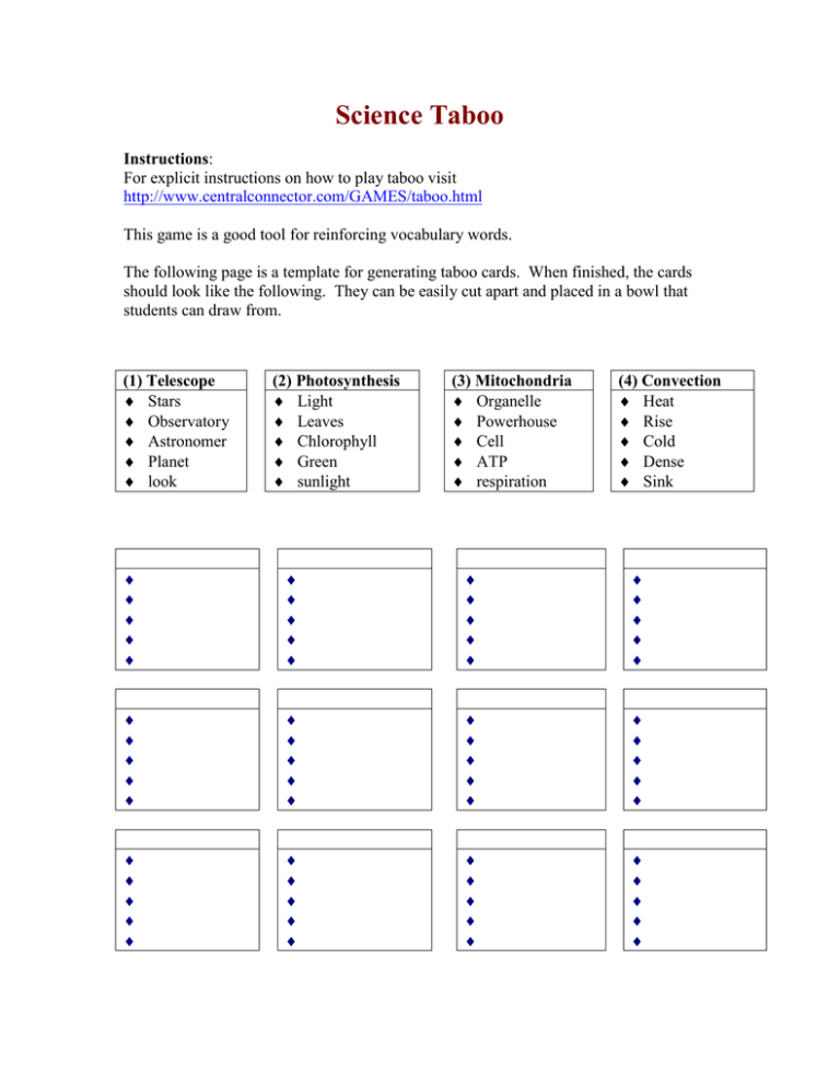 Science Taboo Game Template: Vocabulary Reinforcement